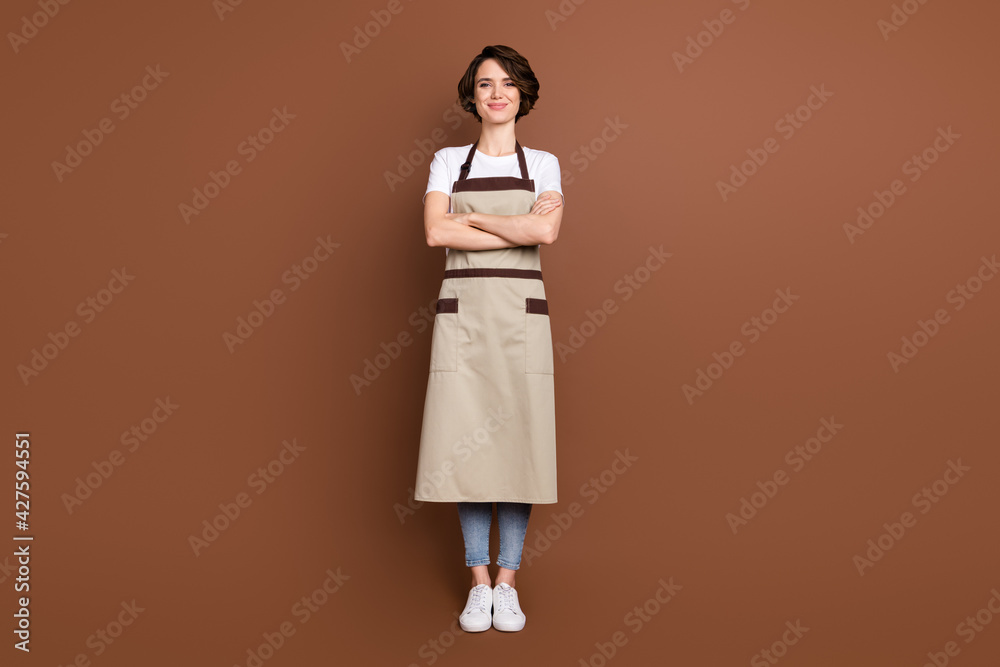 Full length body size view of lovely content cheery girl barista coffee ...