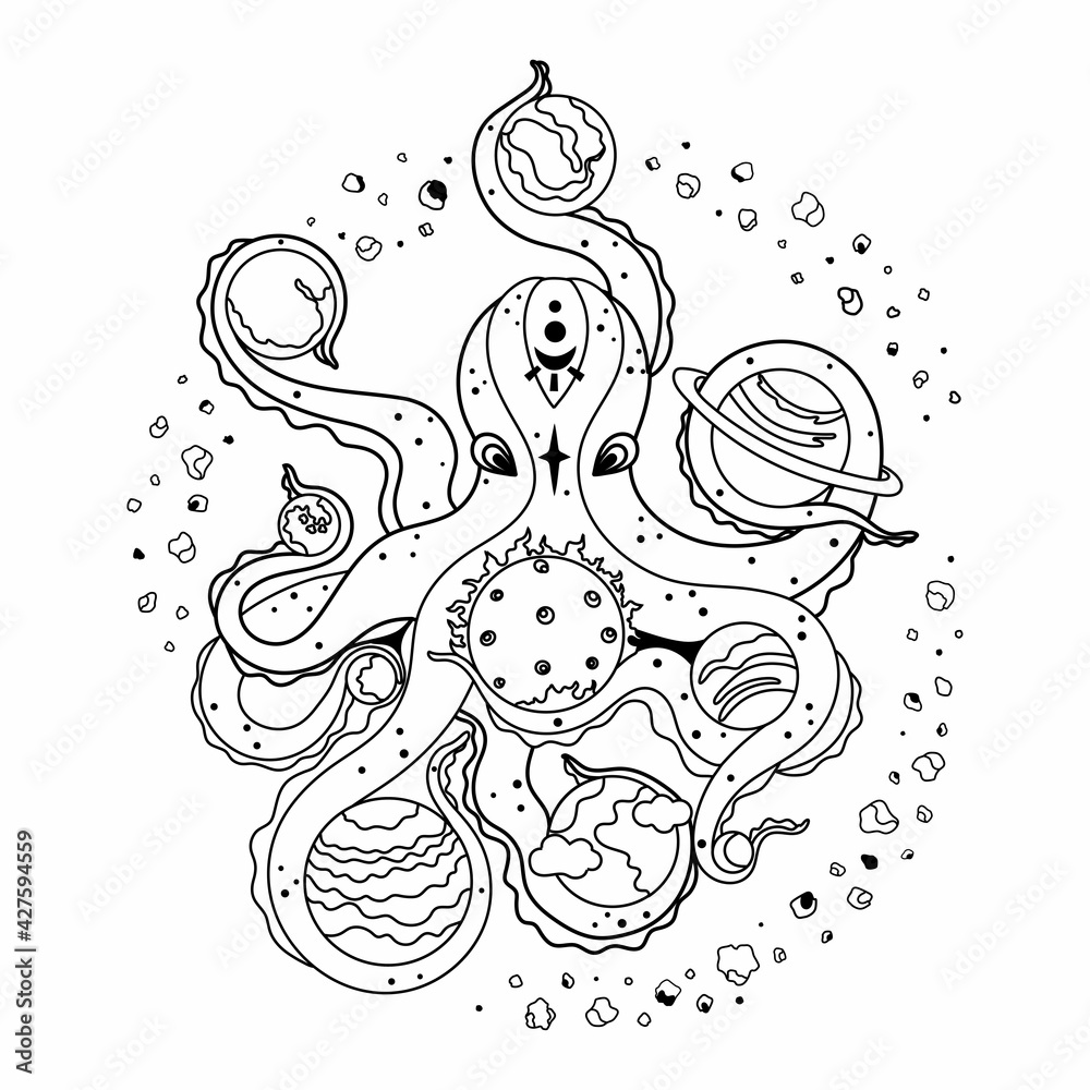 Vector concept of an octopus holding a planet in its tentacles. Planets ...
