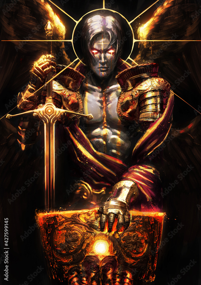 A sinister angel warrior with a huge two-handed sword and shield, with ...