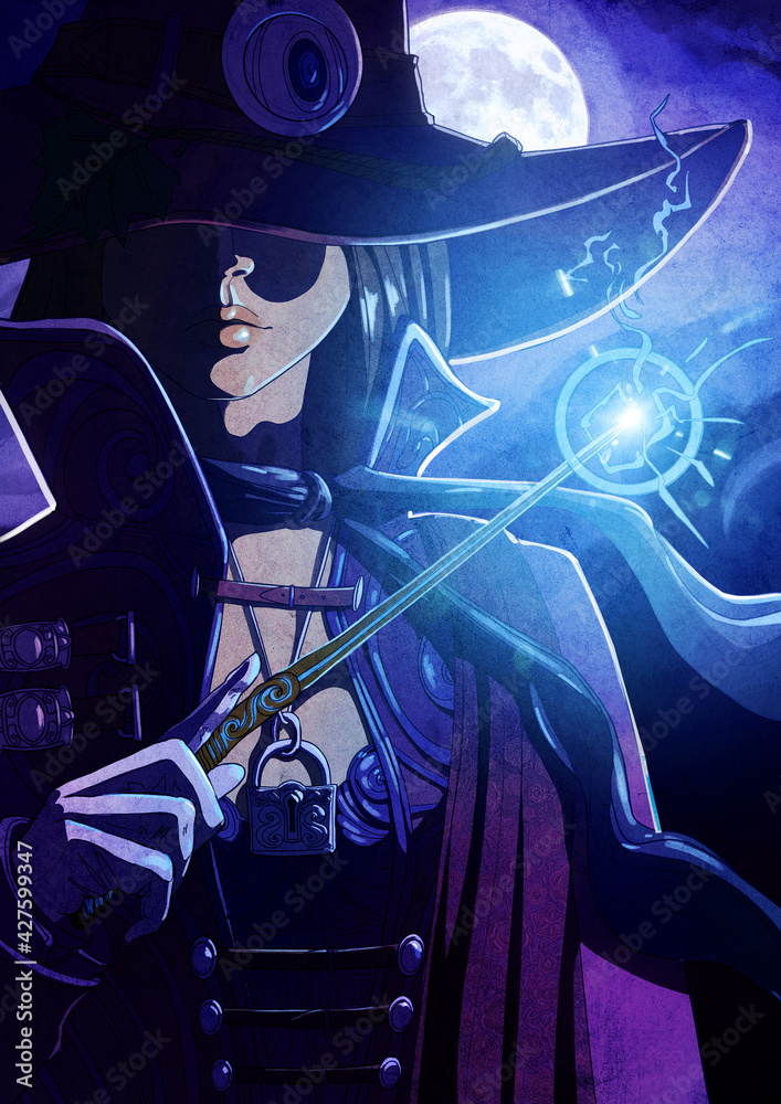 A beautiful witch girl with a glowing magic wand in a huge witch hat ...