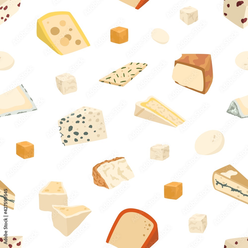Seamless pattern with different cheese slices on white background ...
