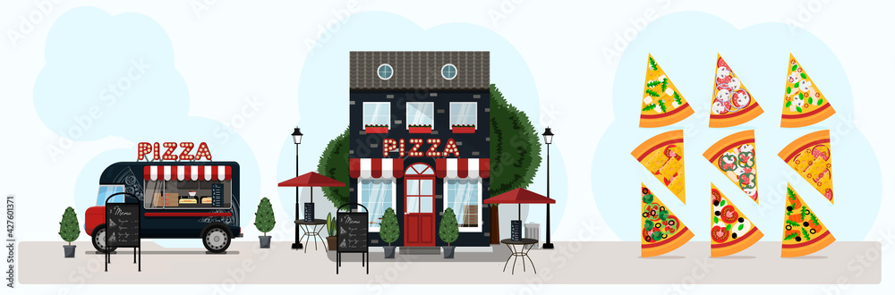 Big vector pizza set with food truck, pizzeria. Vector flat ...
