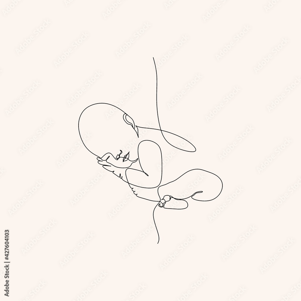 one line drawing illustration of a baby. Cute sleeping baby drawn from ...