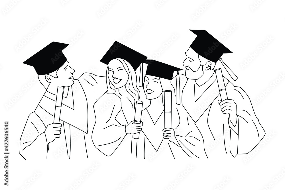 A linear drawing group of cheerful young happy graduate male and female ...