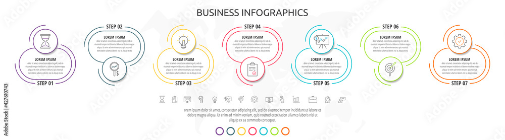 Line infographics circles with seven steps, labels. Timeline data ...
