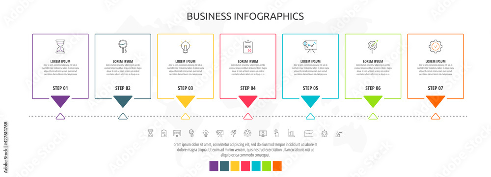 Line cards with 7 steps, arrows. Rectangular infographic. Frames ...