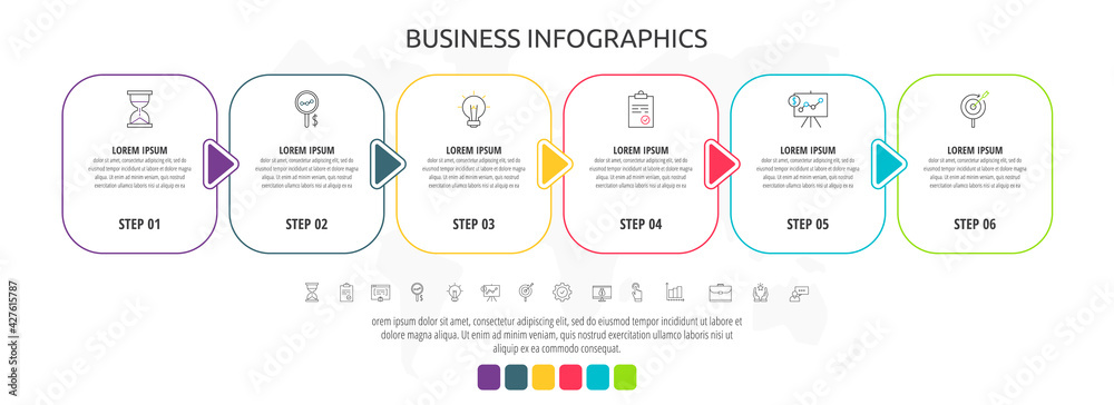 Line cards with six steps, arrows. Rectangular infographic. Frames ...