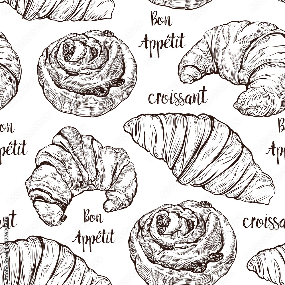 Croissant and sweet buns pattern. Seamless background with a french ...