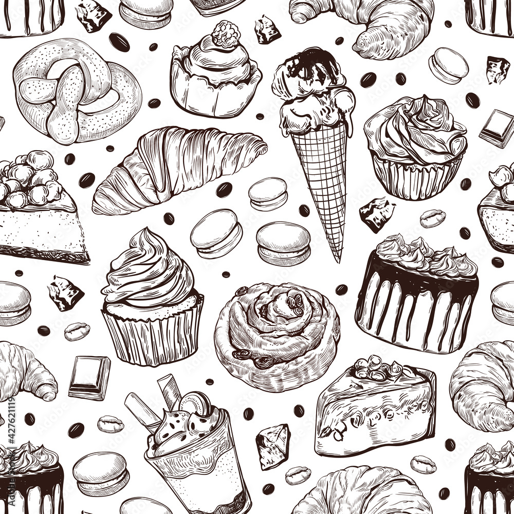 Hand-drawn sketch-style dessert seamless pattern. Different kinds of ...