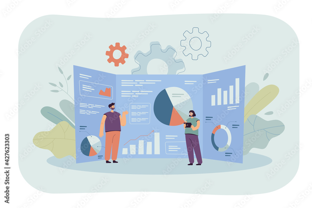 Cartoon tiny analysts and giant research dashboard with data. Flat ...