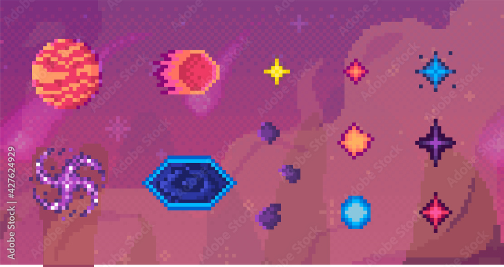 Pixelated sky with flying objects. Alien space with stars, planets and ...