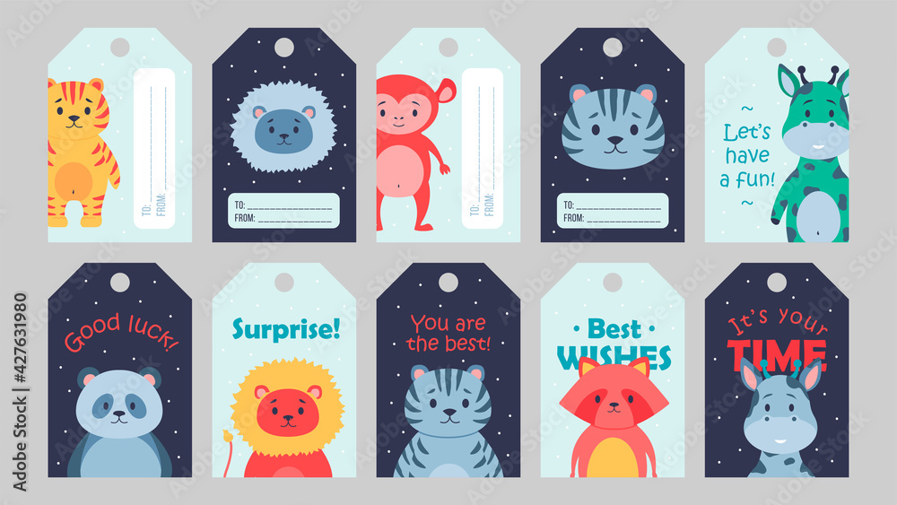 Wild animal tags set cartoon vector illustration. Cute beasts template ...