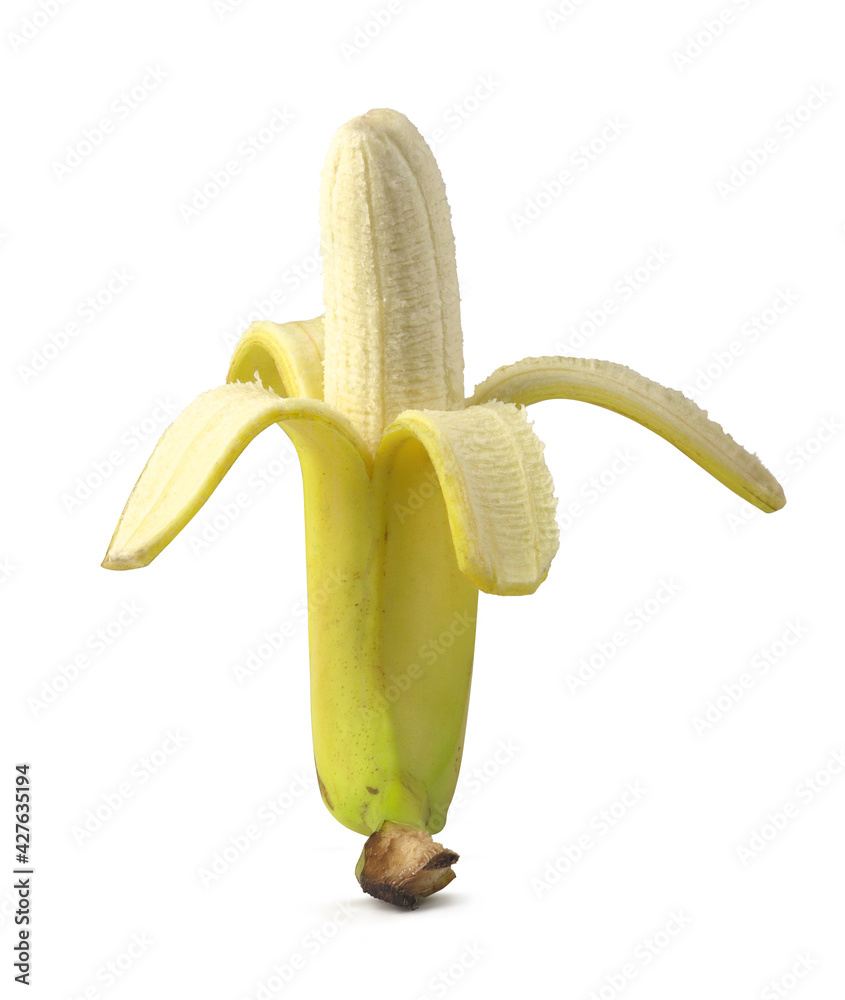 banana peeled in half, greenish skin, front view isolated on white ...