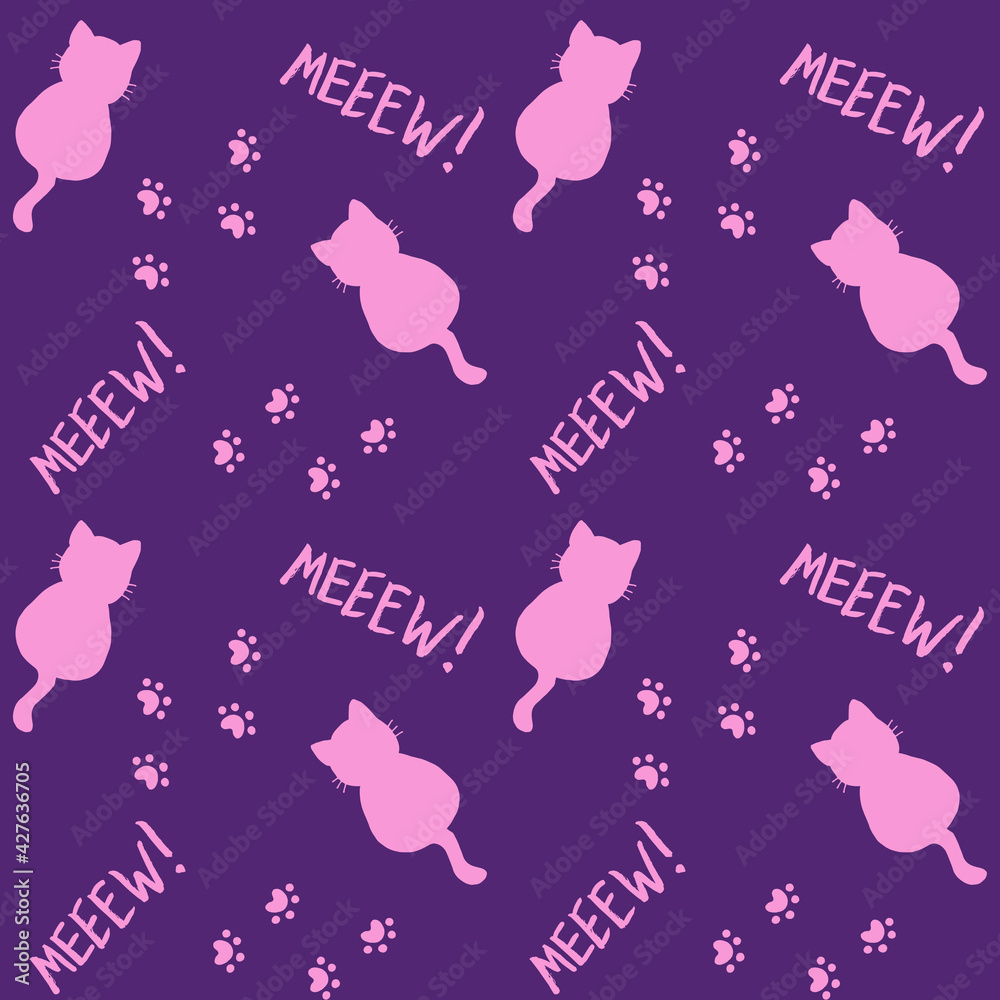 Cute seamless pattern with cats, steps and mew quote. Pink and purple ...