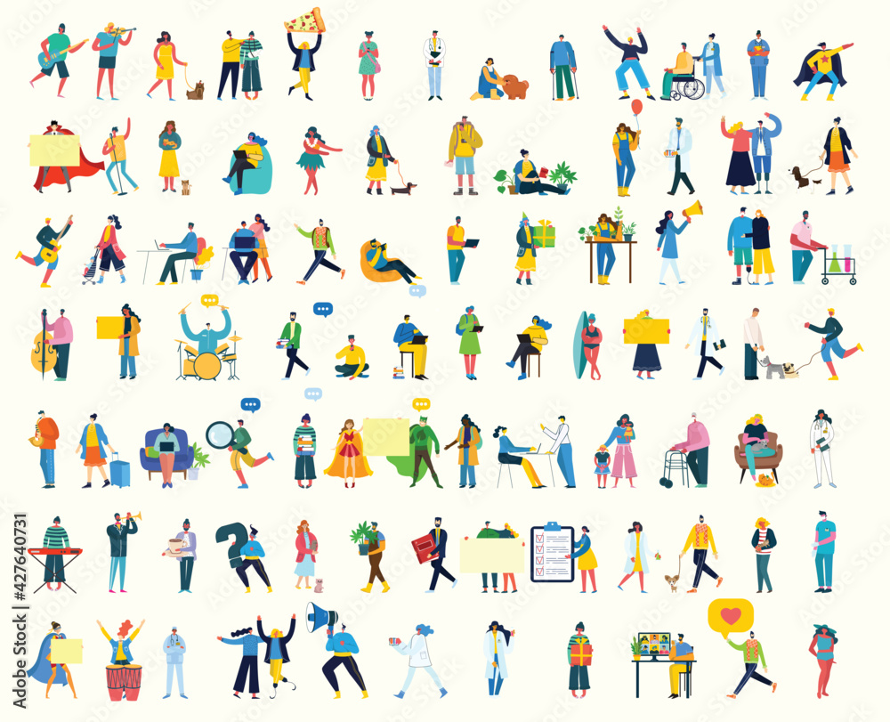 Set of people, men and women with different things. Vector graphic ...