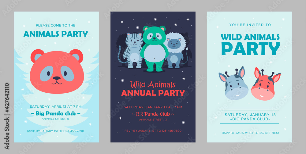 Wild animal invitations set cartoon vector illustration. Cute beasts ...