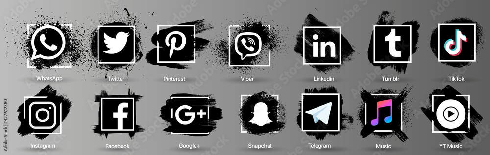 Grunge Set of social media icons. Instagram, Facebook, Twitter ...