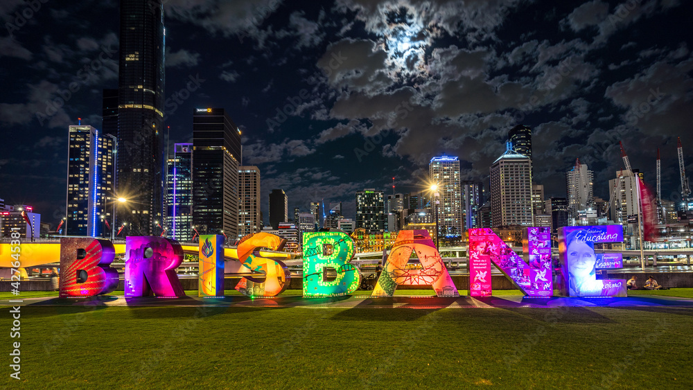 Brisbane, Australia - Mar 27, 2021: Illuminated Brisbane sign with the ...
