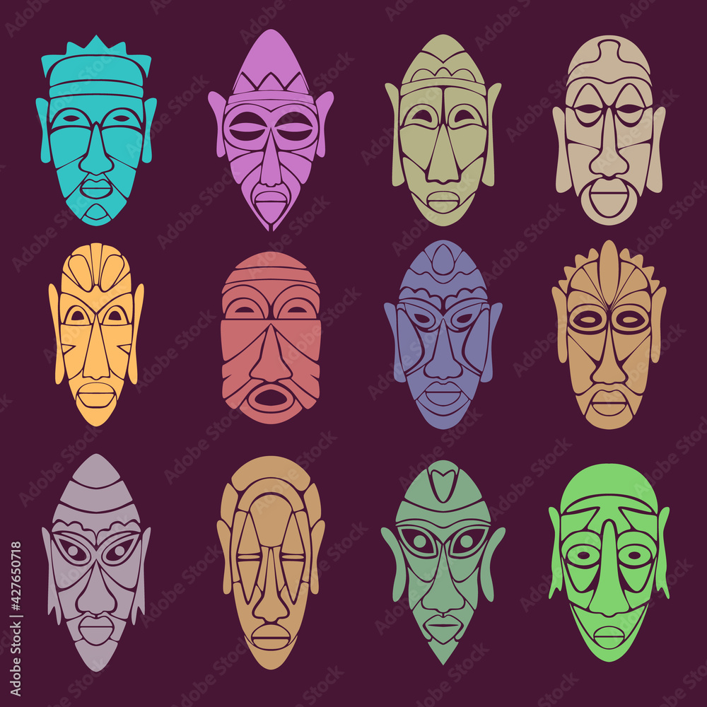 Wallpaper from a set of twelve pagan masks. The faces of various gods ...