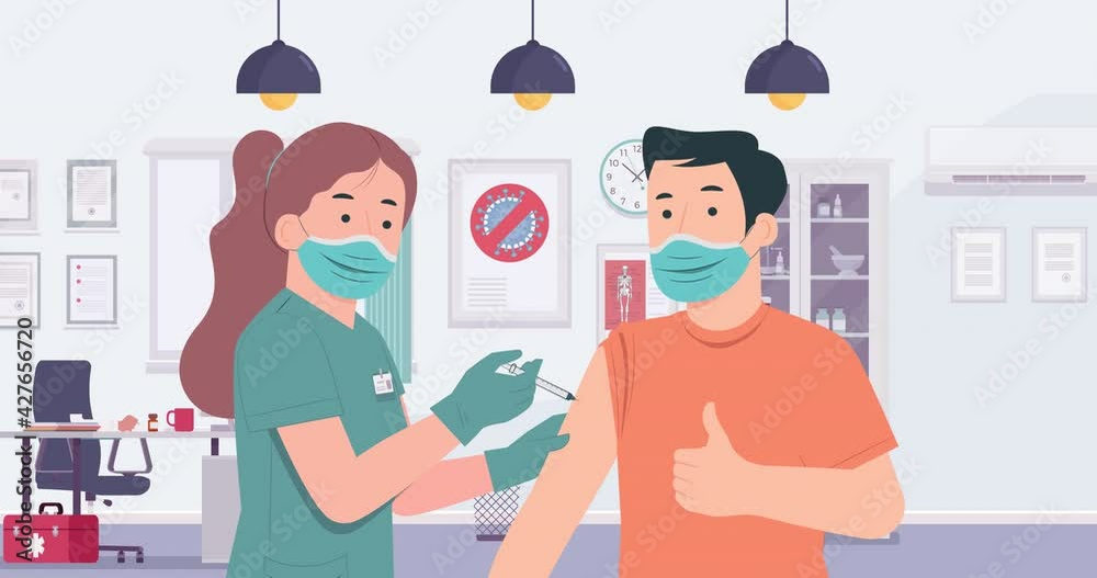 Covid-19 concept. A female doctor gives a vaccine syringe to a male ...