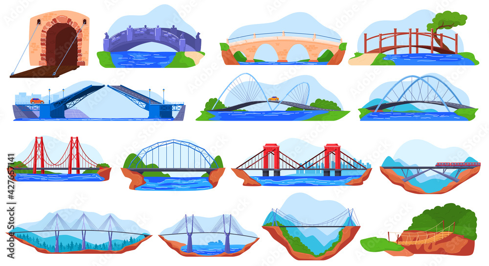 Bridge collection, set of different stickers isolated on white, vector ...