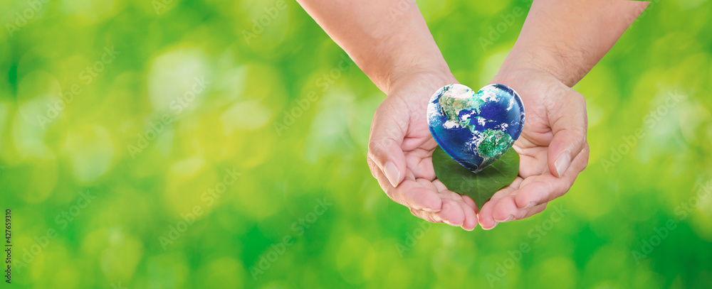 Earth Heart in Hands on Green Blurred Nature background, World ...