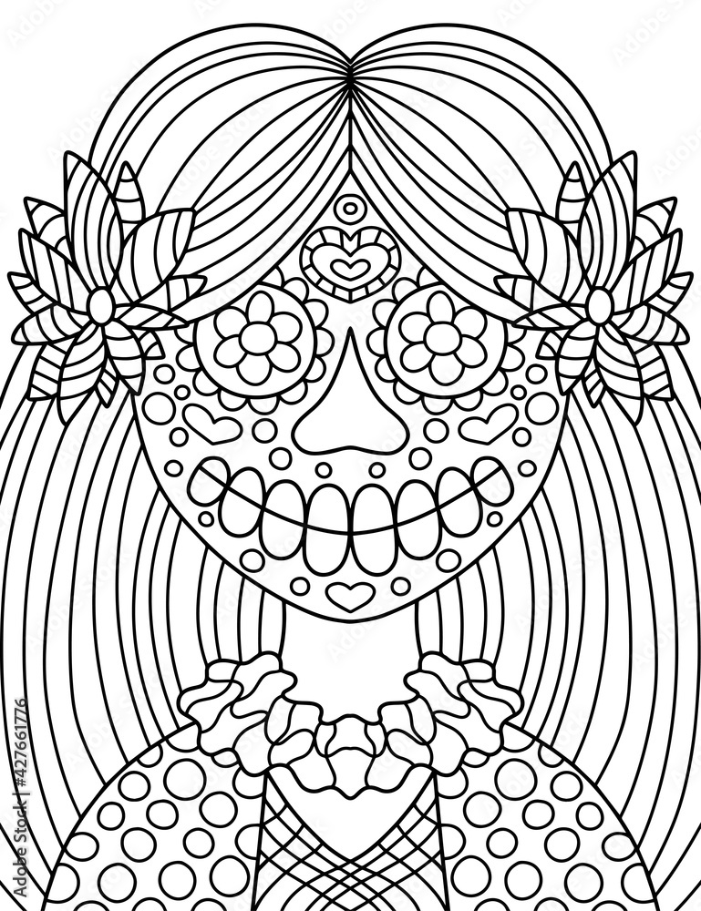 Smiling skeleton girl with long hair and flower coloring page stock ...