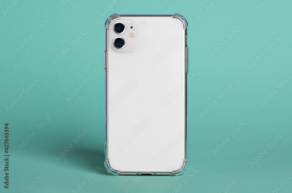 White smartphone in clear silicone case back view. iPhone 11 case ...