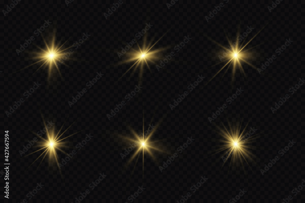 Glow effect. Gold star on a transparent background. Bright sun. Vector ...