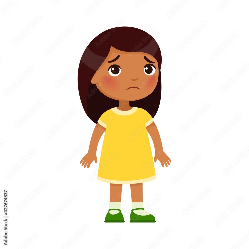 Sadness little Indian girl. Upset dark skin child standing alone ...