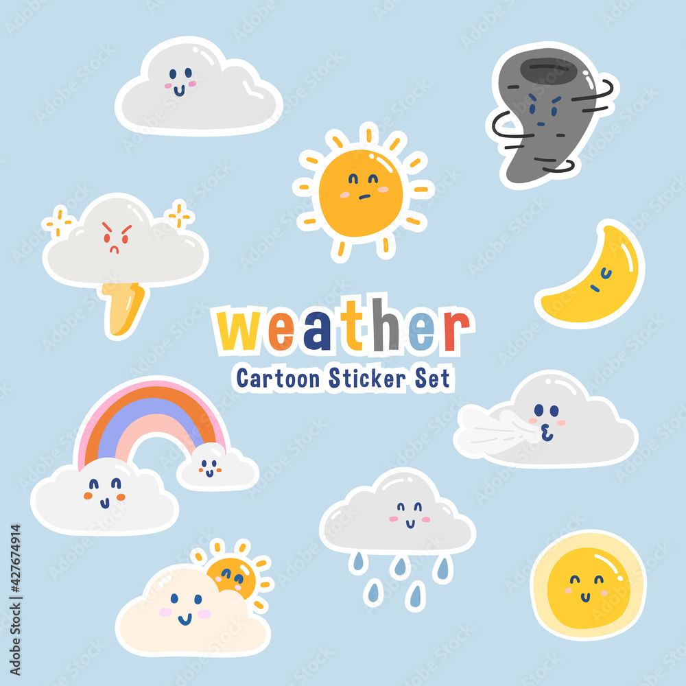 Cute cartoon weather character icon set. Cartoon and doodle characters ...