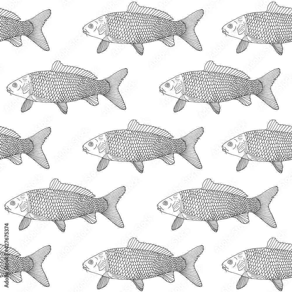 Seamless pattern of fish carp, hand drawn. Can be used for packaging ...