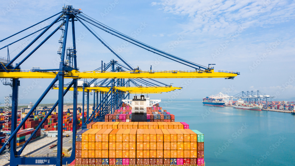 ear view cargo container ship. Business logistic transportation sea ...