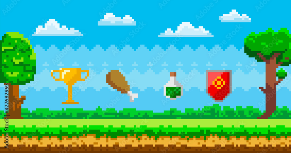 Pixel art game background with reward object in air. Pixel-game scene ...