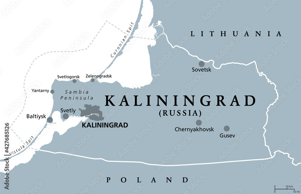 Kaliningrad Region, gray political map. Kaliningrad Oblast, federal ...