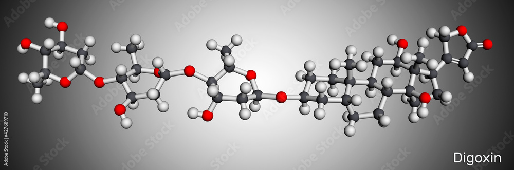 Digoxin, molecule. It is cardiac glycoside, cardiovascular medication ...