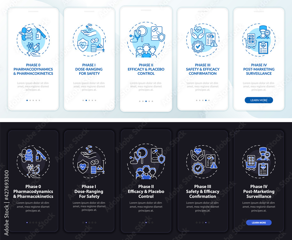 Vecteur Stock Study phases onboarding mobile app page screen with ...