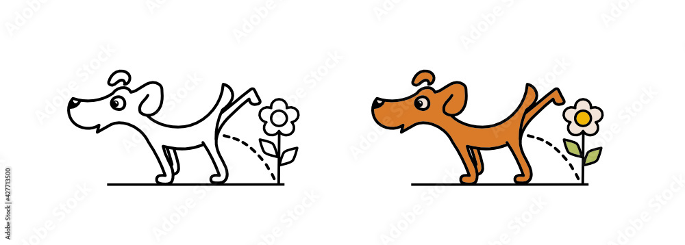 Doodle drawing pissing dog. A cute puppy urinates under a flower. Stock ...