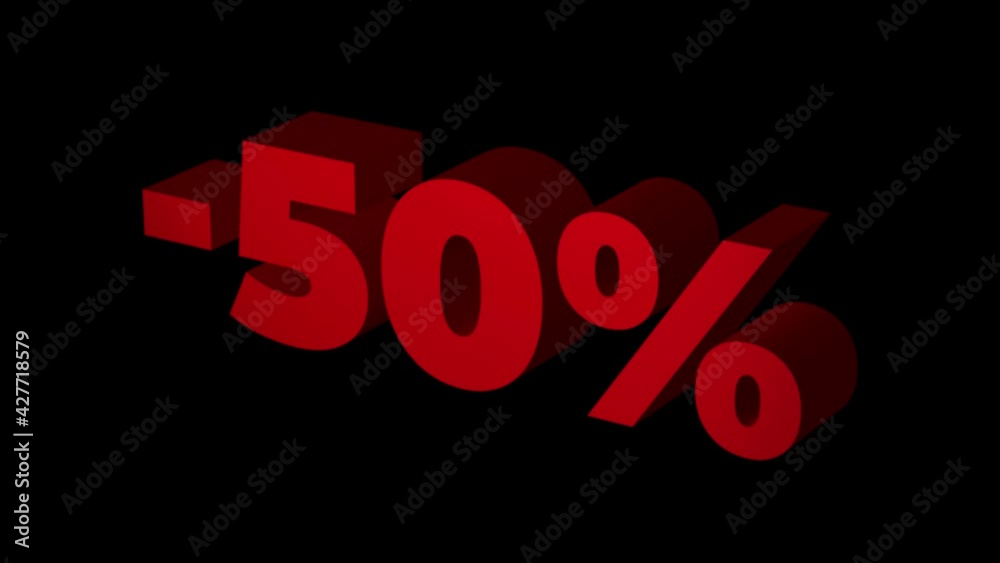50 percent OFF. Red 3D text looped animation with a fifty percent ...