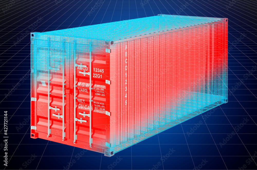 Visualization 3d cad model of cargo container, blueprint. 3D rendering ...