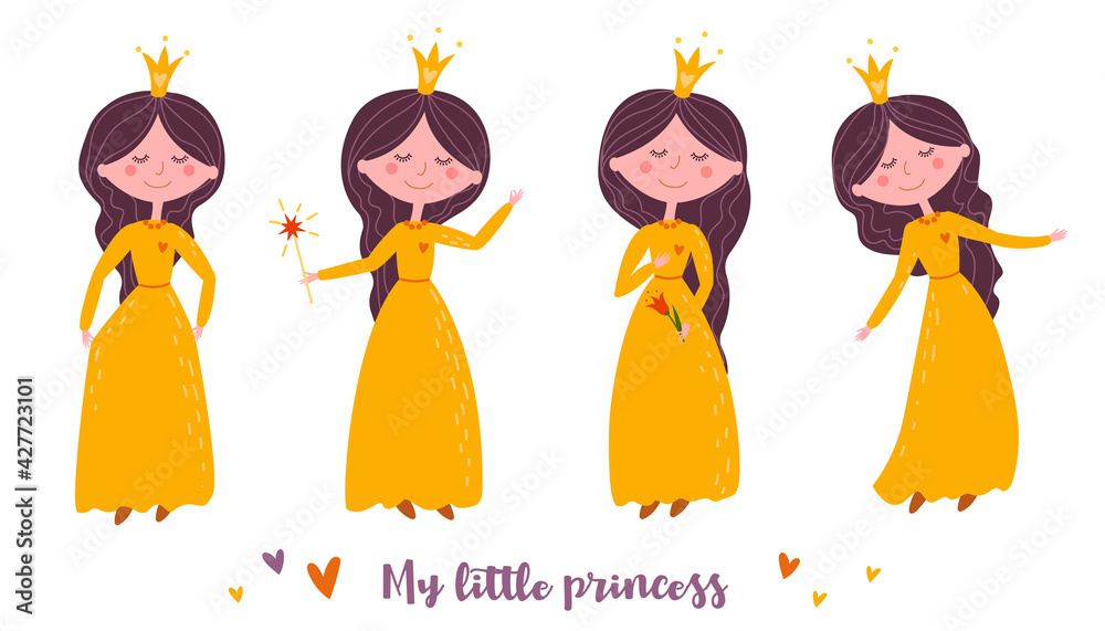 Little princess in a yellow dress in different poses. Princess ...