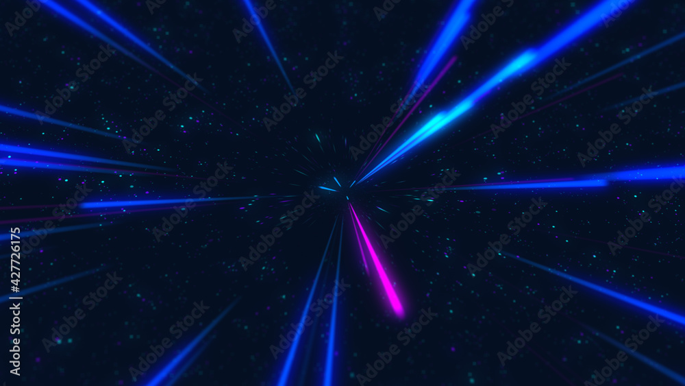 Abstract tunnel from digital neon lights and stars on dark background ...