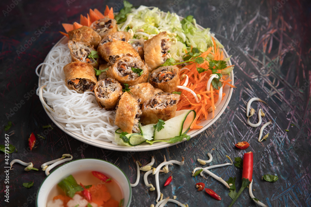 Vietnamese spring rolls with rice noodle, Bun nem Stock Photo | Adobe Stock