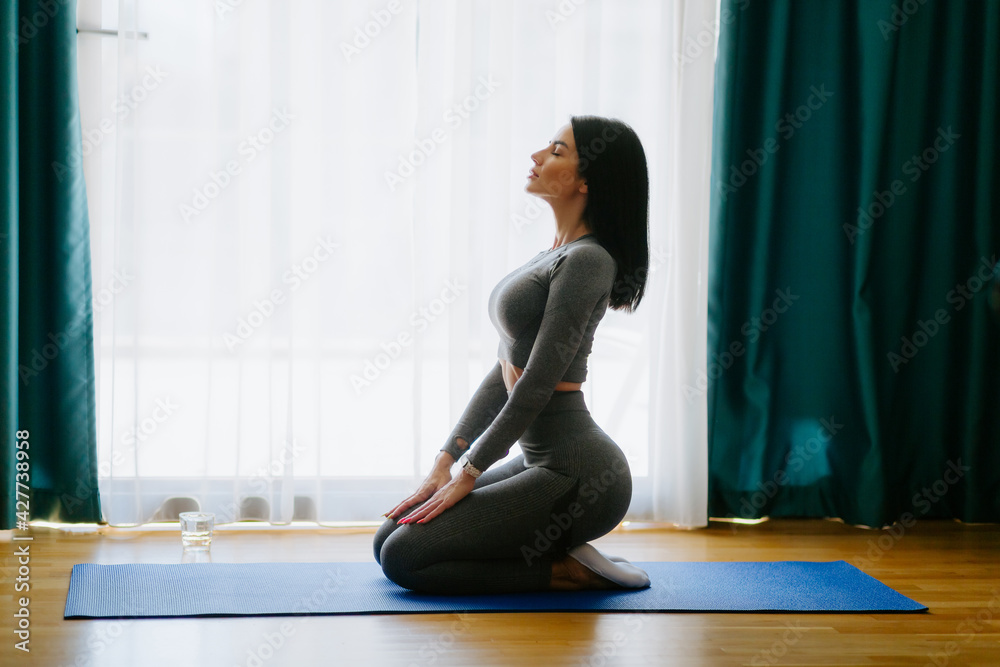Young attractive woman practicing yoga at home, stretching practice ...