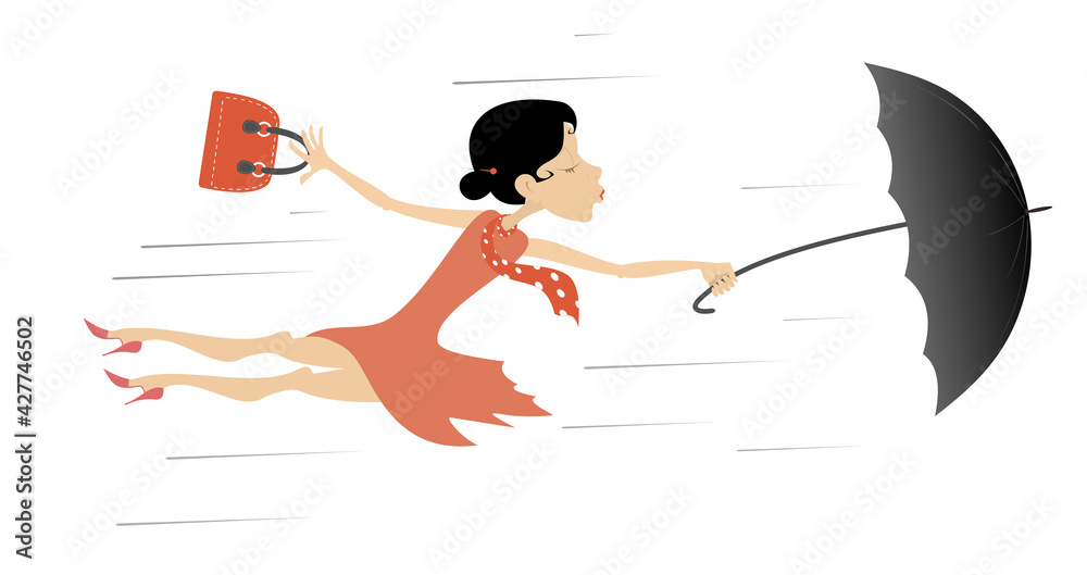 Windy day and young woman with umbrella isolated. Young woman tries to ...