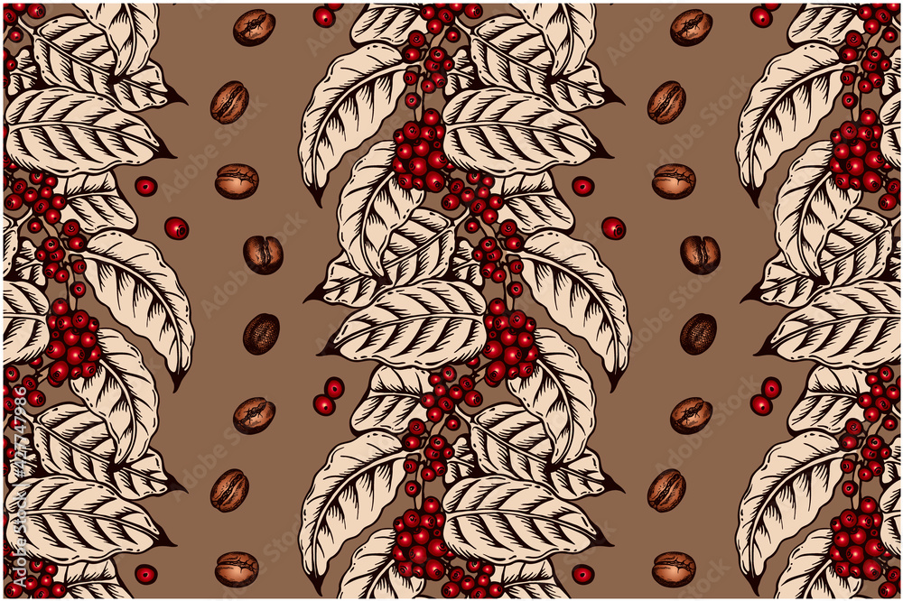 Outline sketch drawing pattern of coffee tree with leaves, brown ...