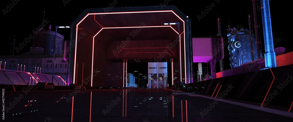 Dark neon night in a cyberpunk city. Neon lights reflecting in an empty ...