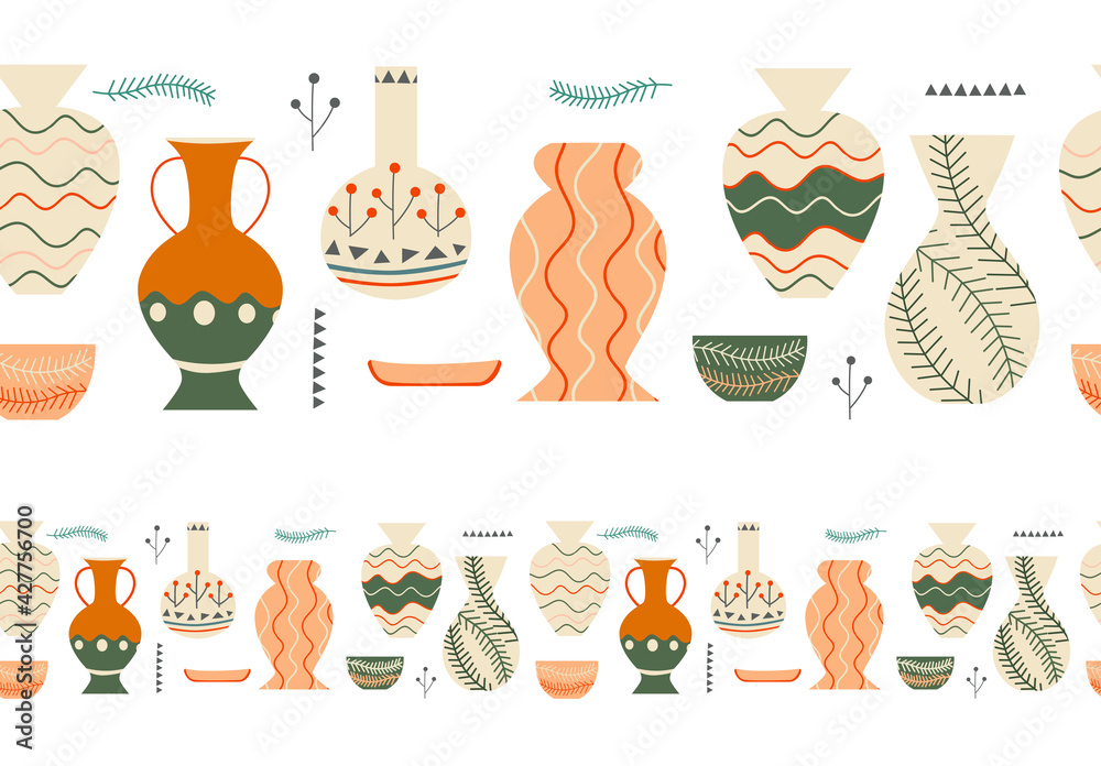 Ceramic and pottery. Seamless border, ribbon. Trendy design elements ...
