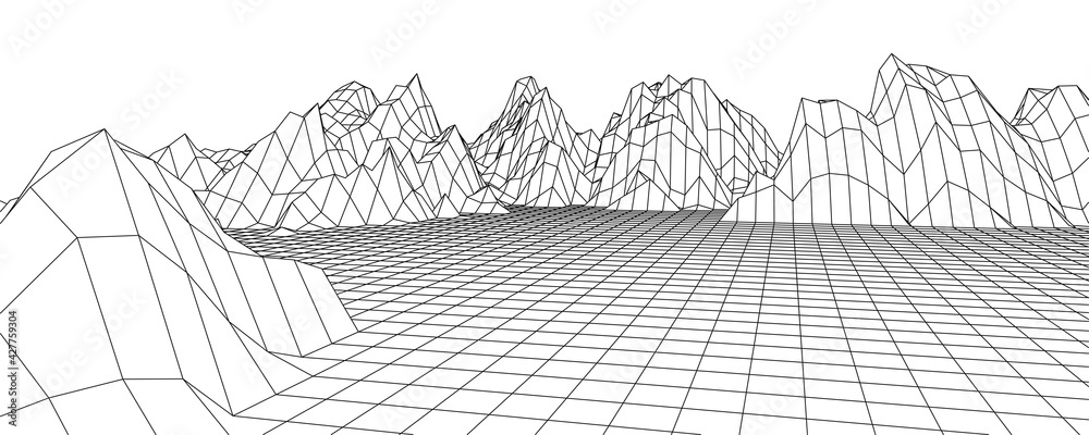 Wireframe 3D landscape mountains. Wireframe landscape wire. 3d ...