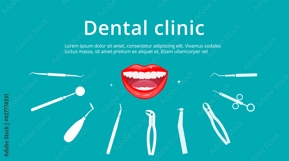 Dental clinic, dentistry, orthodontics banner. Open smiling female ...